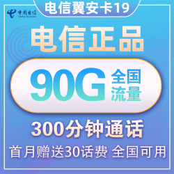 中国电信运营商_CHINA TELECOM 中国电信 翼安卡 19元每月 90G流量（60G通用+30G定向）+300分钟通话多少钱-什么值得买