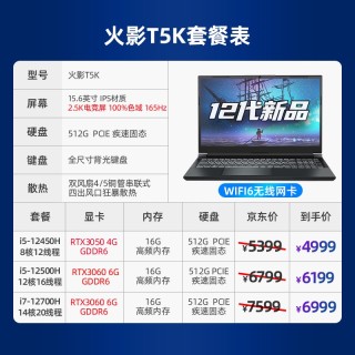 FIREBAT 火影 T5G/T5K RTX3050/3060/100%色域/2K/165HZ电竞游戏笔记本电脑 T5K：12代i5/3060 ...