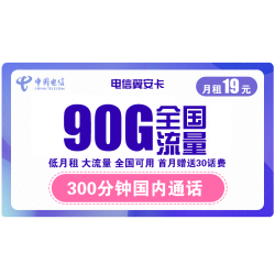 中国电信运营商_CHINA TELECOM 中国电信 翼安卡 19元每月 90G流量（60G通用+30G定向）+300分钟通话多少钱-什么值得买