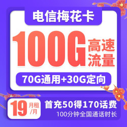 中国电信运营商_CHINA TELECOM 中国电信 梅花卡 19元月租（70G通用流量+30G定向流量+100分钟通话）首充50得170话费多少钱-什么值得买
