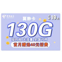 中国电信运营商_CHINA TELECOM 中国电信 翼静卡 19元月租（100G通用流量+30G定向流量）赠送40话费多少钱-什么值得买
