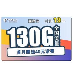 中国电信运营商_CHINA TELECOM 中国电信 翼静卡 19元月租（100G通用流量+30G定向流量）赠送40话费多少钱-什么值得买