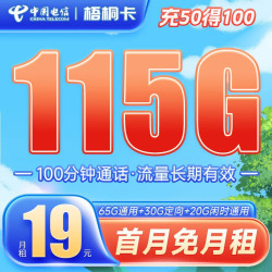 中国电信运营商_CHINA TELECOM 中国电信 梧桐卡 19元月租（115G全国流量+100分钟） 激活赠送30元多少钱-什么值得买