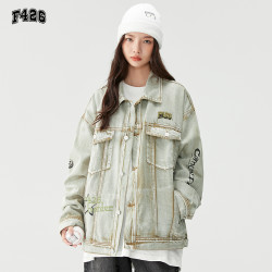 【省59.85元】F426男外套_F426 国潮牌美式街头做旧涂鸦LOGO水洗黄色牛仔夹克外套多少钱-什么值得买