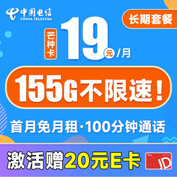 中国电信运营商_CHINA TELECOM 中国电信 芒种卡 19元月租（155G全国流量+100分钟通话）激活赠送20元E卡~多少钱-什么值得买