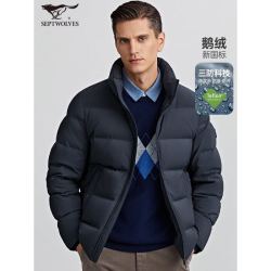 【省502元】七匹狼男外套_SEPTWOLVES 七匹狼 羽绒服男短款三防鹅绒立领夹克外套男士冬季极寒防跑绒保暖防风衣 101(藏青)-立领款 ...