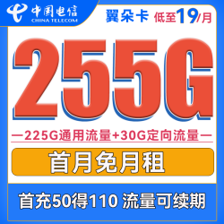 中国电信运营商_CHINA TELECOM 中国电信 翼朵卡 19元月租（225G通用流量+30G定向流量）送40话费多少钱-什么值得买