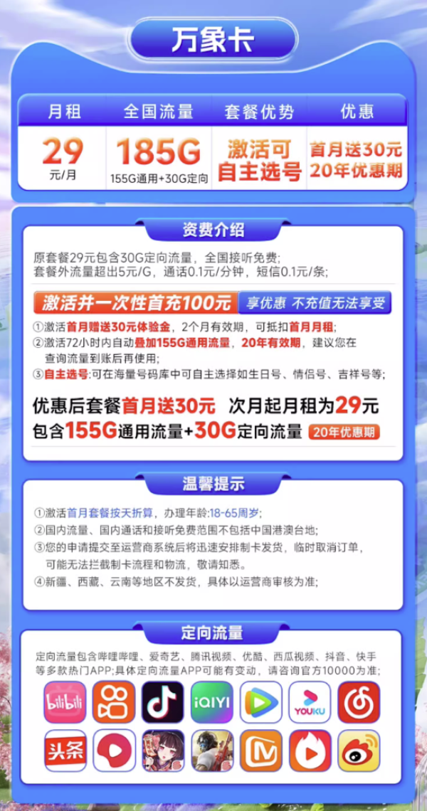 中国电信运营商_CHINA TELECOM 中国电信 万象卡 29元月租（185G全国流量+激活可选号+首月0元）激活后返20元现金红包多少钱-什么值得买