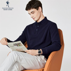 【省430元】与狼共舞男士T恤_DANCING WOLVES 与狼共舞 长袖t恤男纯色POLO男士上衣翻领长T恤衫6E 藏青色101 175 ...