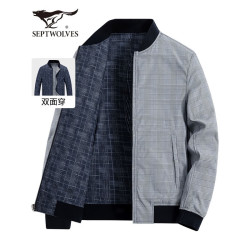 【省253.25元】七匹狼男士夹克_SEPTWOLVES 七匹狼 双面穿夹克男秋季棒球领外套男士条纹格子防风衣男装 102(深蓝) 175 ...