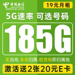 中国电信运营商_CHINA TELECOM 中国电信 泰山卡 19元月租 (185G流量+5G信号+收货地即归属地) 值友赠2张20元E卡多少钱-什么值得买