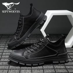 七匹狼男士工装鞋_SEPTWOLVES 七匹狼 男鞋低帮马丁鞋男2023秋季新款复古真皮休闲短靴中帮工装鞋多少钱-什么值得买