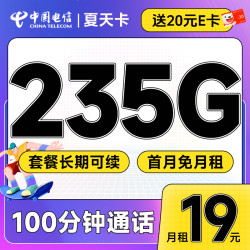 中国电信运营商_CHINA TELECOM 中国电信 夏天卡 首年19元月租（畅享5G+235G全国流量+100分钟通话+套餐到期可续）激活送20元E卡多少钱-什么值得买