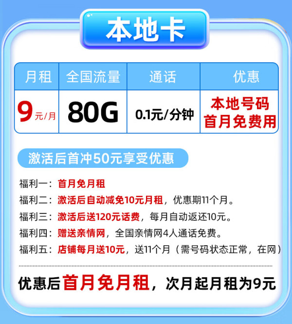 中国移动 CHINA MOBILE运营商_中国移动 CHINA MOBILE 本地卡 首年9元月租（80G全国流量+本地归属+支持5G）送20元E卡多少钱-什么值得买
