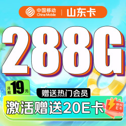 中国移动运营商_China Mobile 中国移动 山东卡 2-6月19元/月（288G不限速流量+2年视频会员）激活赠20E卡多少钱-什么值得买