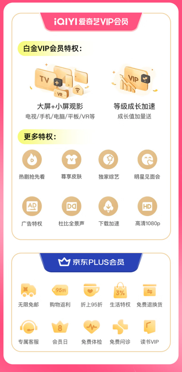【省129元】爱奇艺文娱会员服务_iQIYI 爱奇艺 白金会员年卡+京东PLUS年卡 支持电视端多少钱-什么值得买