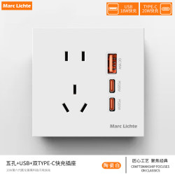 MARC LICHTE电气开关_MARC LICHTE 86型五孔USB+双type-c快充插座面板开关带USB接口手机充电插座 白色新国标五 ...