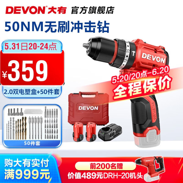 大有（Devon）12V锂电无刷电钻5208手电钻冲击钻5209电动螺丝刀起子机50牛米 5209金属夹头 2.0双电快充50件套【报价 价格 ...