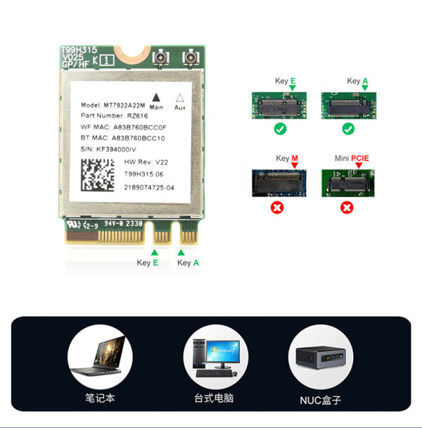 gxlinkstarMT7922 MT7921K WIFI6E 5G双频内置无线网卡RZ616 Linux Openwrt 【单卡 ...